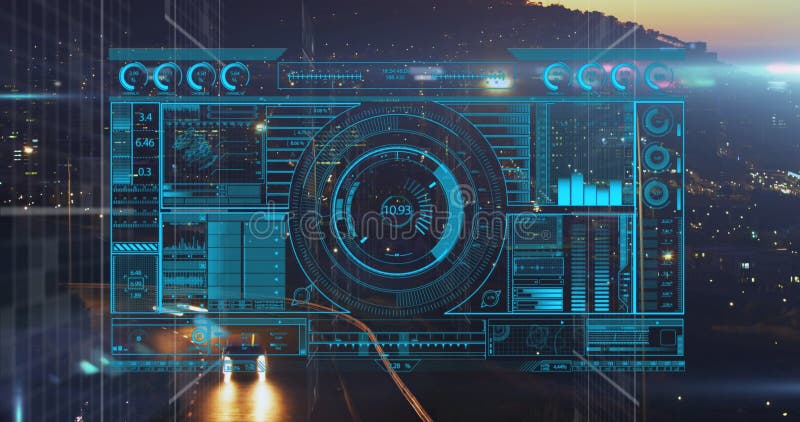 Image of Digital Screen with Data Over Road Traffic and Cityscape Stock ...