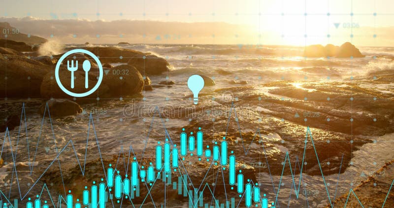 Image of Digital Screen with Data Processing and Ecology Icons Over Sun ...