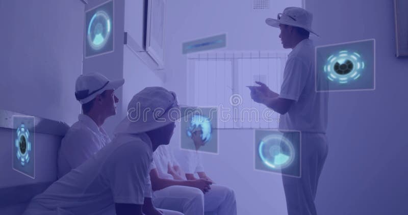 Image of Digital Screens with Data Over Caucasian Colleagues with Coach ...