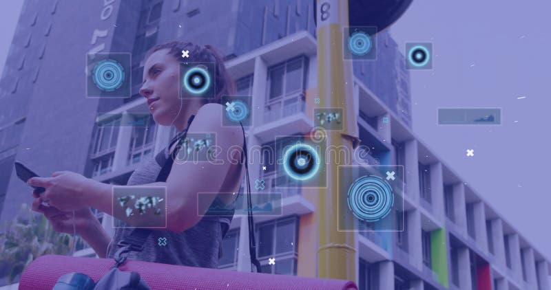 Image of Digital Screens with Data Over Caucasian Woman Using ...