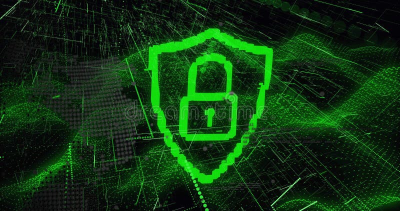 Image of Digital Shield with Padlock Over Green Waves on Black ...