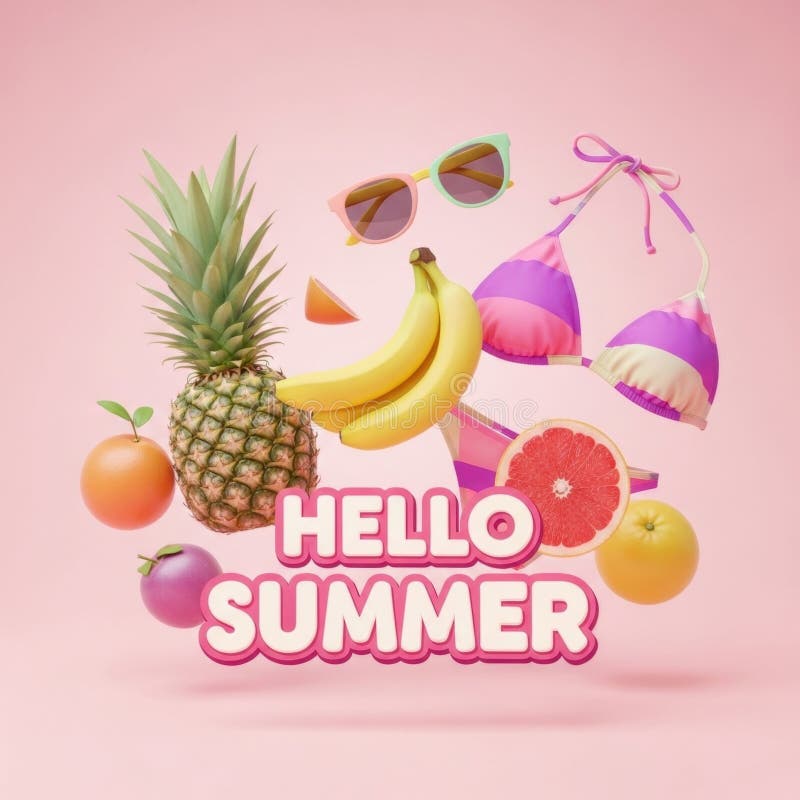 Summer Vibes with Fruits and Beach Essentials Stock Illustration ...