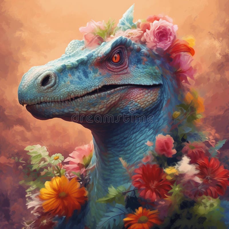 A Blue Dinosaur Style Creature Surrounded by Beautiful Floral. Stock ...