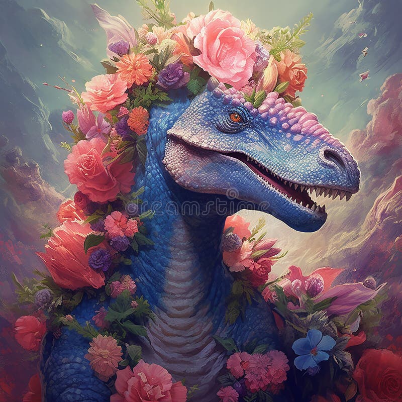 A Blue Dinosaur Style Creature Surrounded by Beautiful Floral. Stock ...
