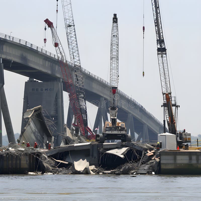 Bridge Collapse with Emergency Repair Work Underway Stock Photo - Image ...