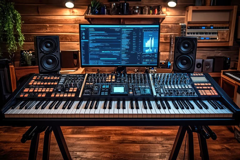 Professional Music Studio Setup with Synthesizer Keyboard and Computer ...