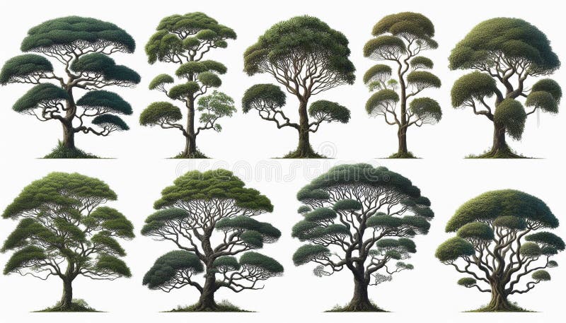 Variety of Tree Species Isolated on White Background Highlighting ...