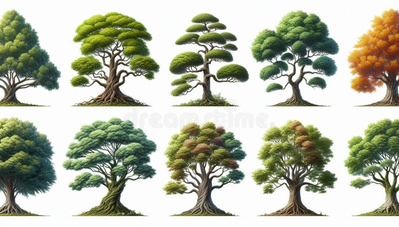 Variety of Tree Species Isolated on White Background Highlighting ...