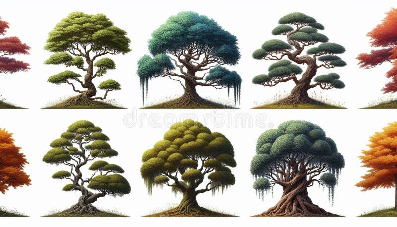 Variety of Tree Species Isolated on White Background Highlighting ...