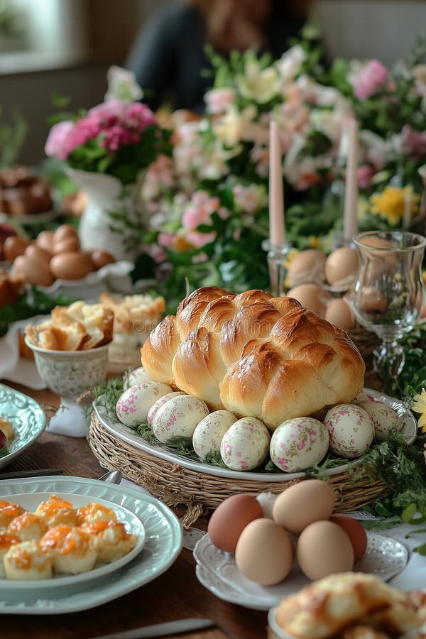 Braided Bread on a Plate Surrounded by Painted Eggs, Flowers, and ...