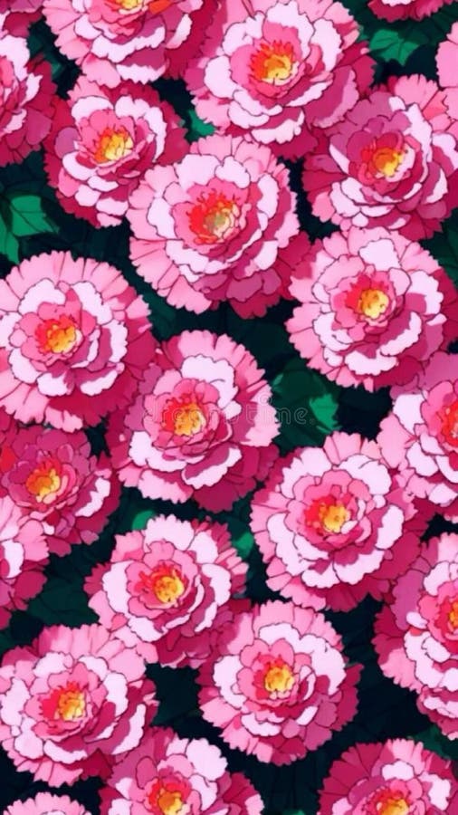 The Image Displays a Dense and Vibrant Pattern of Stylized Pink Flowers ...