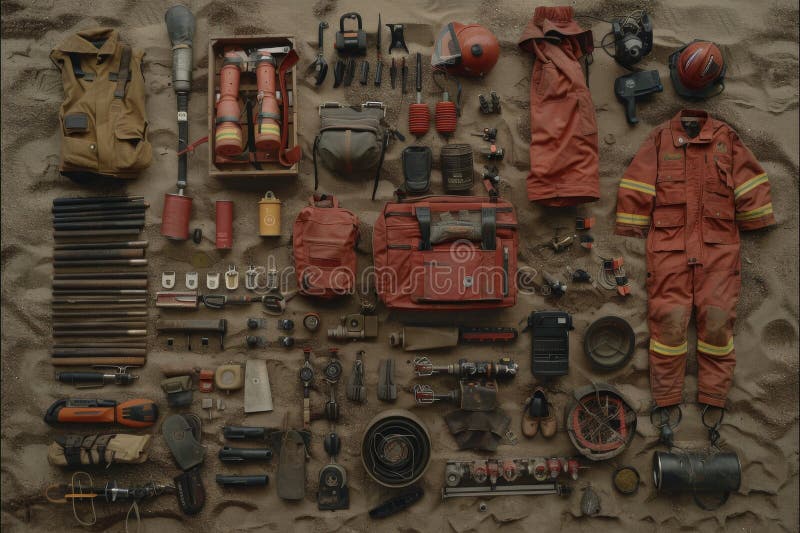 Comprehensive Assortment of Firefighter Gear and Equipment on Sand ...