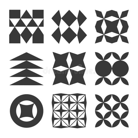 Collection of Nine Geometric Abstract Patterns in Dark Gray on White ...