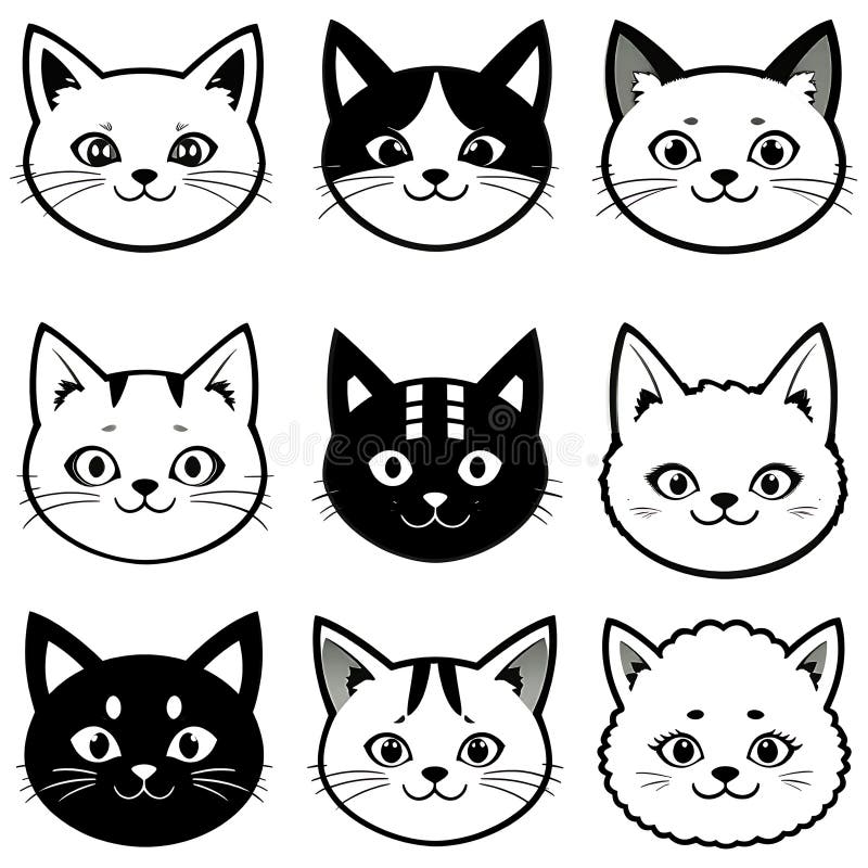 Black and White Cat Face Icon Set Stock Illustration - Illustration of ...