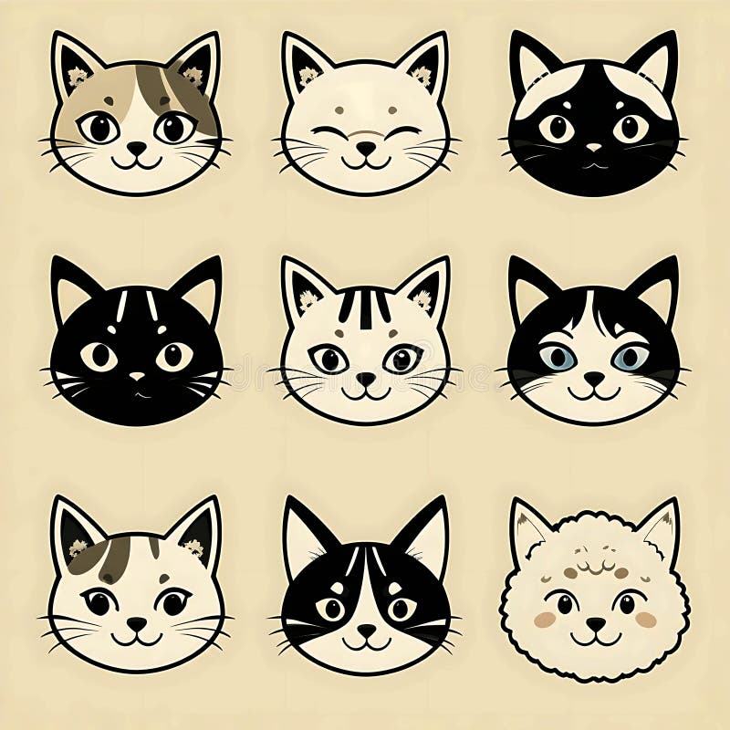 Black and White Cat Face Icon Set Stock Illustration - Illustration of ...