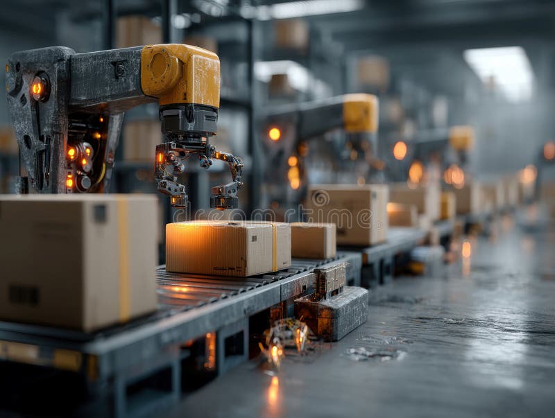 Image Displays an Industrial Setting Showcasing Robots Packaging and Handling Goods, Symbolizing ...