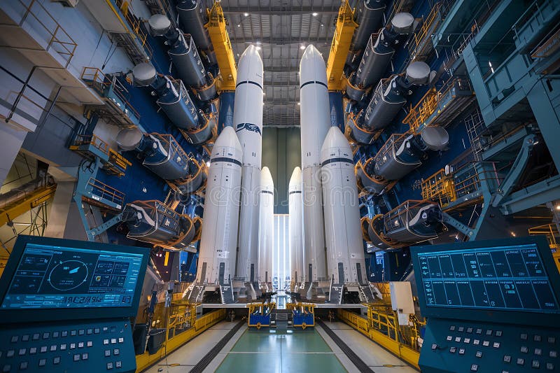 Assembly Facility Showcasing Multiple Rockets in Vertical Position ...