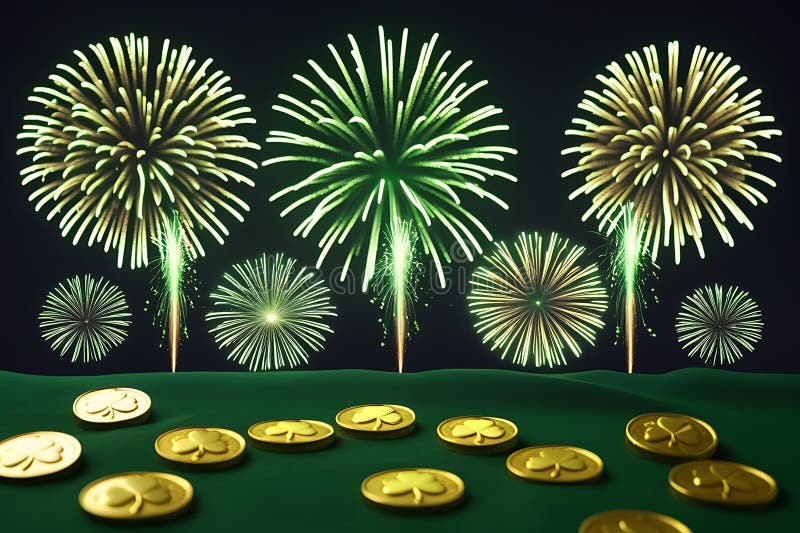 Green Fireworks Display Over Gold Coins with Shamrock Symbols on a ...