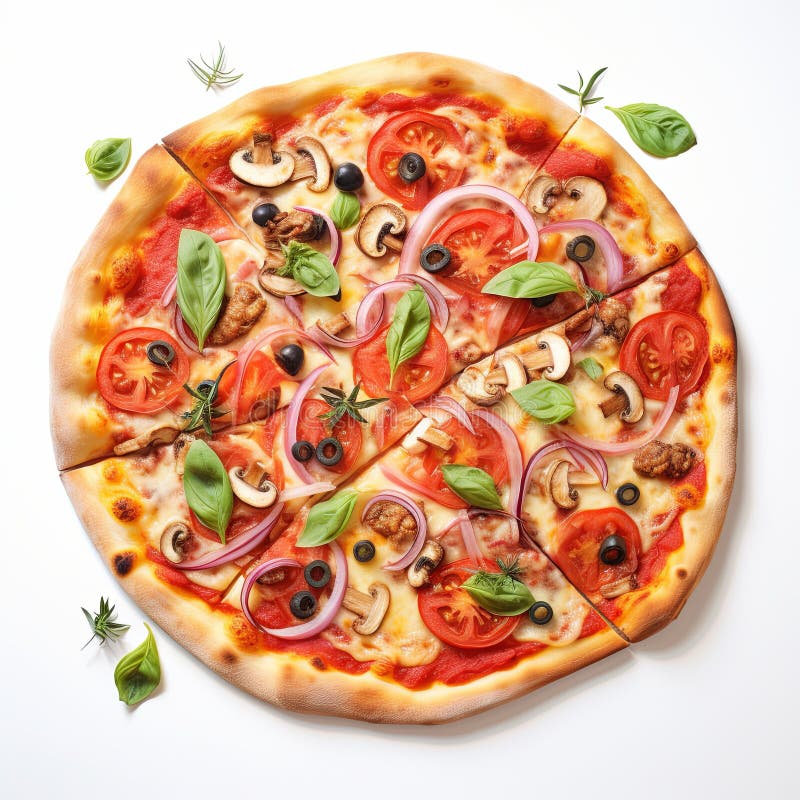 Delicious Pizza Slices with Tomatoes, Basil, Mushrooms on White ...