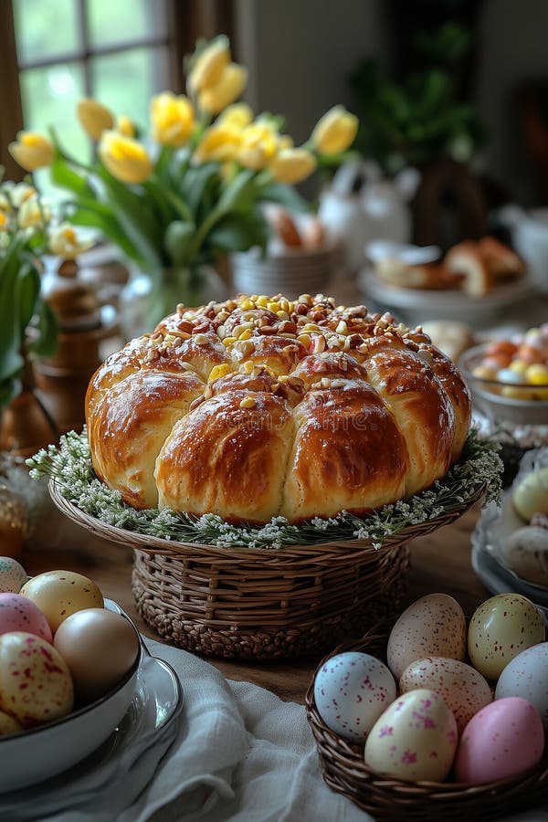 Glazed Round Easter Bread Topped with Nuts and Candy, Placed on a ...