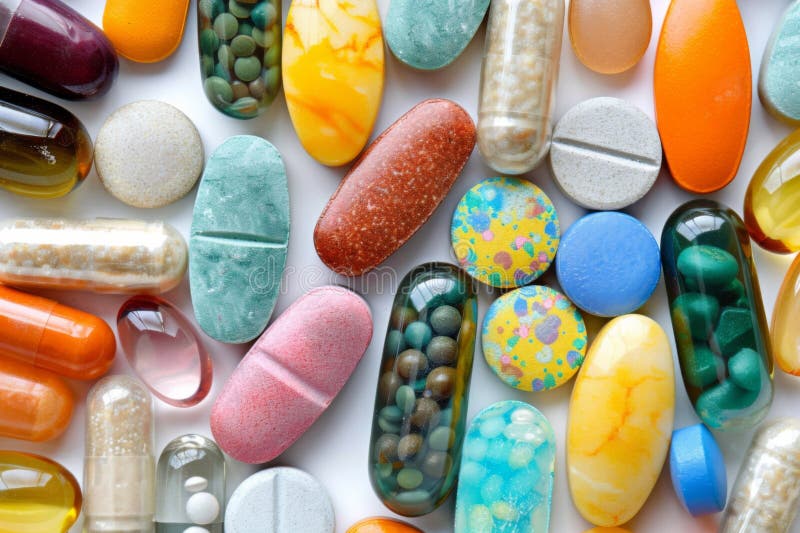 Colorful Assortment of Pills and Capsules on White Background Stock ...