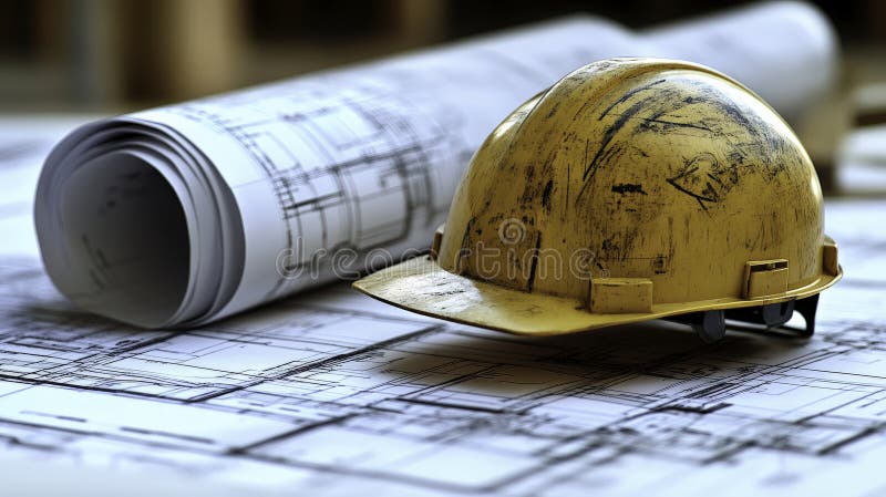 Yellow Hard Hat and Rolled Blueprints on a Construction Plan Stock ...