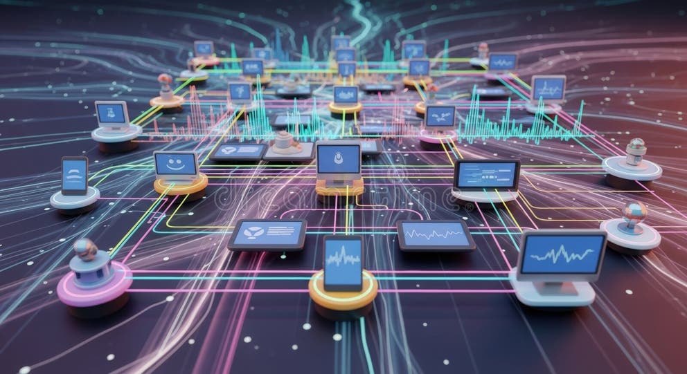 Networked Devices with Data Flow Visualization Stock Illustration ...