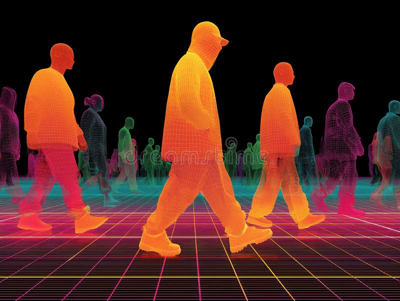 Image Displays a Syncronized Group Walking through a Grid Against a ...
