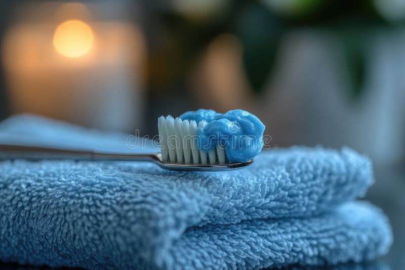 Close-up of Toothbrush with Blue Toothpaste on Soft Towel Stock ...