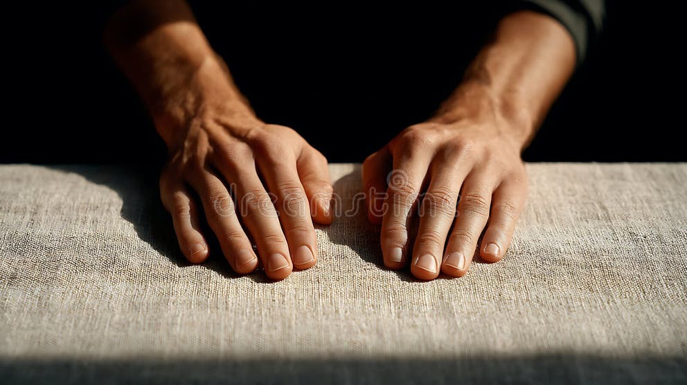 Two Hands Rest Palm Down on a Textured Surface with Dark Background and ...