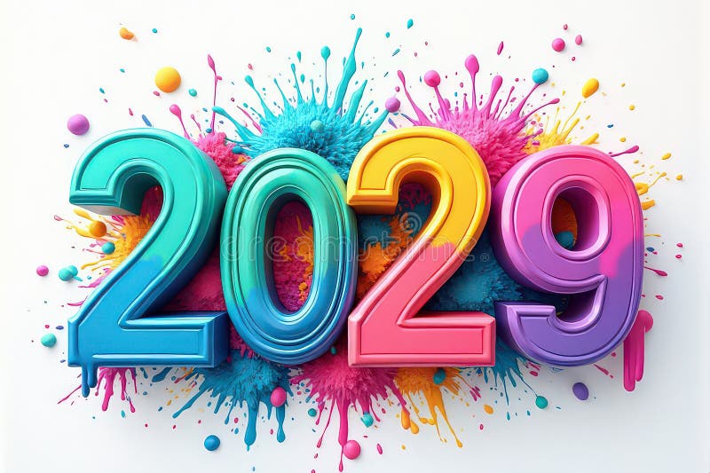 Colorful 2029 Text with Paint Splatters on White Background Stock ...