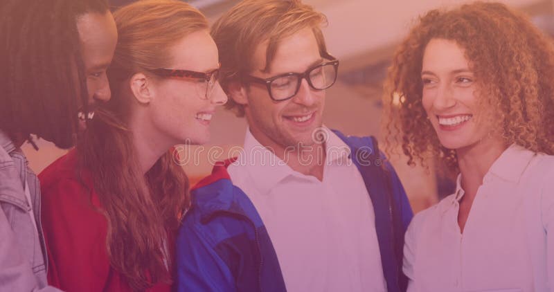 Image of Diverse Group of Friends Smiling and Using Tablet Stock Image ...