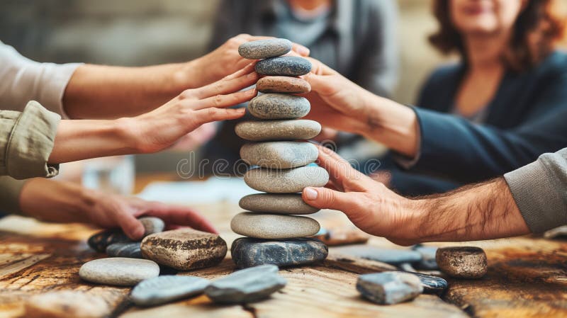 Diverse Group of People Collaboratively Stacking Stones in an Indoor ...