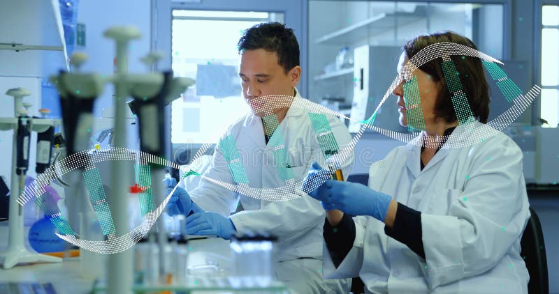 Image of Dna Helix Over Diverse Scientists Discussing about Sample in Laboratory Stock Image ...