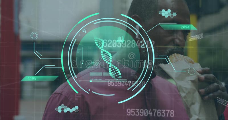 Image of Dna and Scanner with Processing Data Over African American Man ...