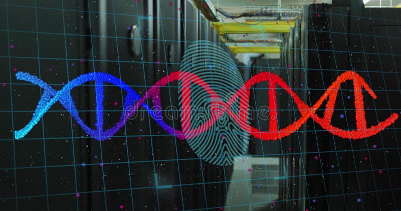 Image of Dna Strand with Biometric Fingerprint Over Computer Servers ...