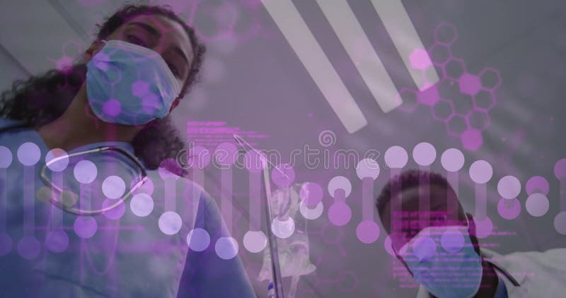 Image of Dna Strand and Data Processing Over Diverse Doctors with Face ...