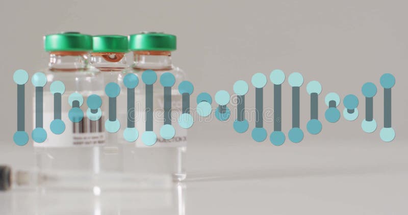 Image of Dna Strand Over Vials and Syringe on White Background Stock ...