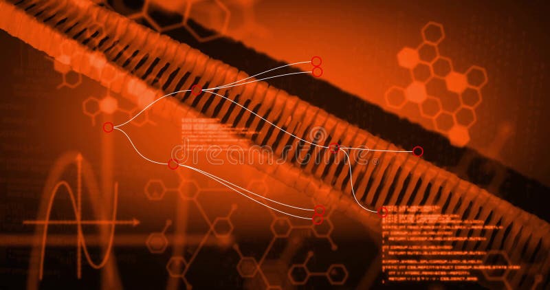 Image of Dna Strand Spinning and Data Processing on Orange Background ...