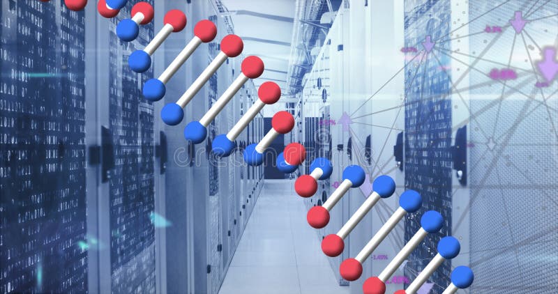 Image of Dna Strand Spinning and Globe with Icons Over Computer Servers ...