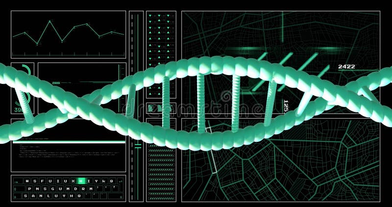 Image of Dna Strand Spinning Over Data Processing on Black Background ...