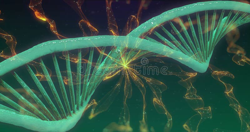 Image of Dna Strand Spinning Over Glowing Light Trails on Green ...