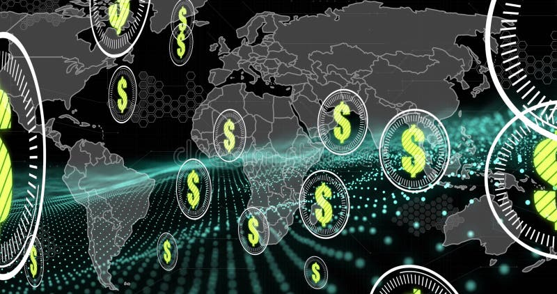 Image of Dollar Symbols Over World Map on Black Background Stock Photo ...