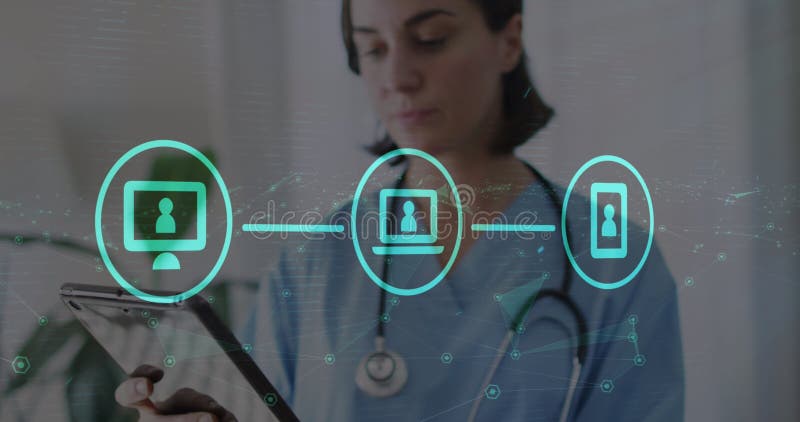 Professional Female Doctor Using Technology Medical Icons Modern Design ...