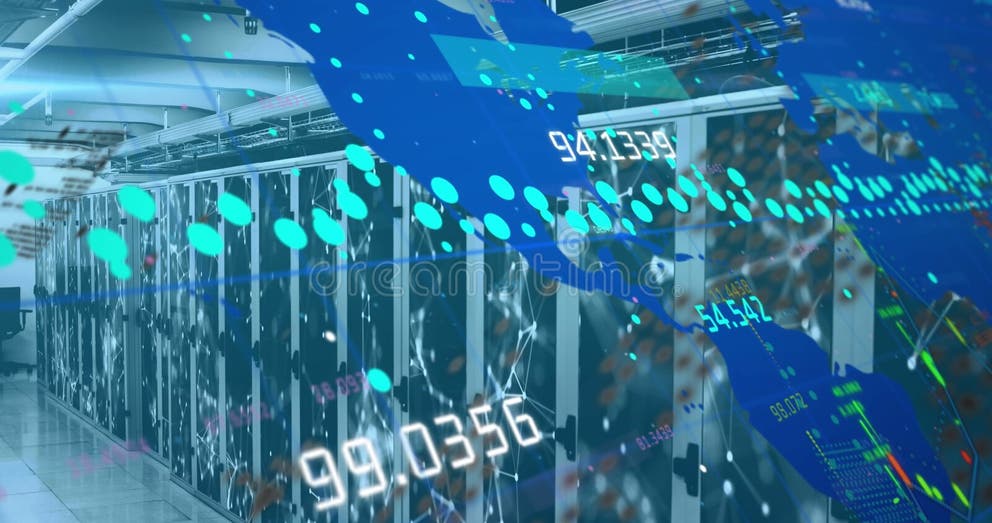Image of Dots, Map, Changing Numbers, Connected Dots Moving Over Data Server Racks Stock ...