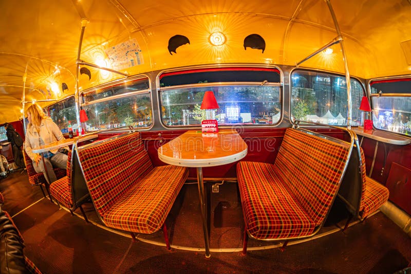 Image of a Double-decker Bus Interior, Showcasing Red and White Color ...
