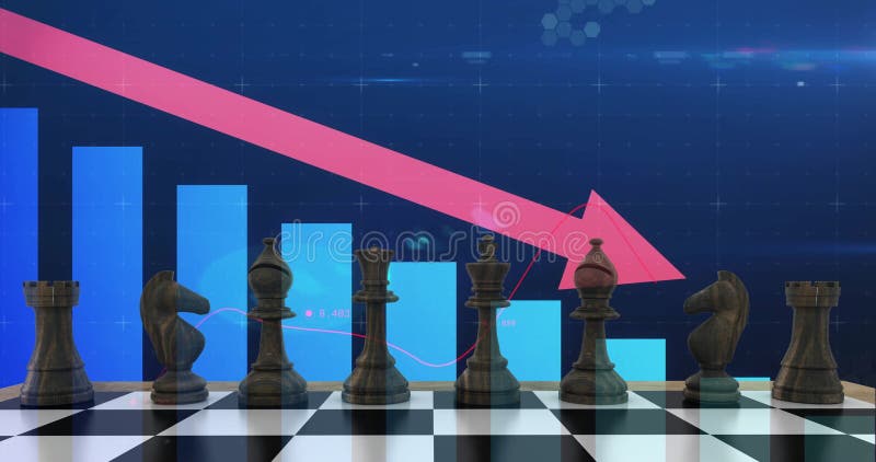 Image of Downward Arrow, Graph and Processing Data Over Chess Pieces on ...