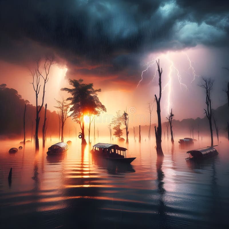 Image of Dramatic Rain,storm and Lighting Bombard the Lake at Golden ...