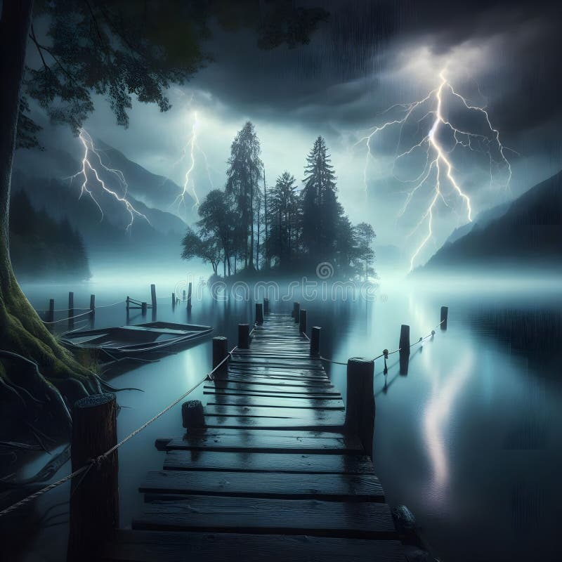 Image of Dramatic Rain,storm and Lighting Bombard the Lake at Golden ...