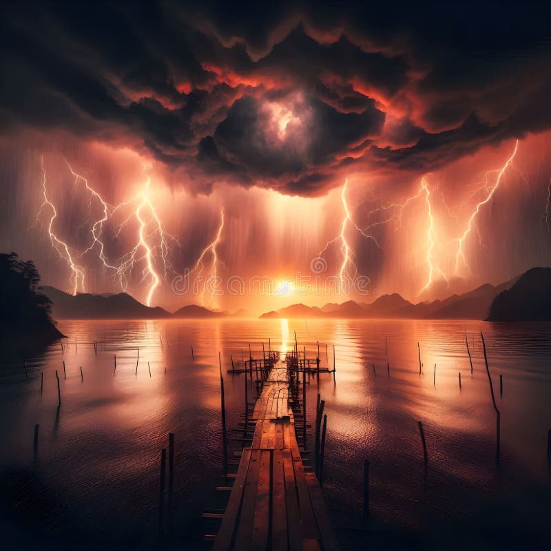 Image of Dramatic Rain,storm and Lighting Bombard the Lake at Golden ...